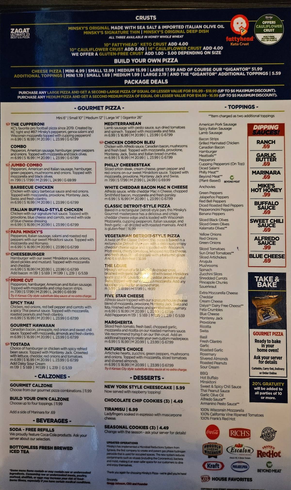 Menu at Minsky's Pizza pizzeria, Olathe, S Ridgeview Rd