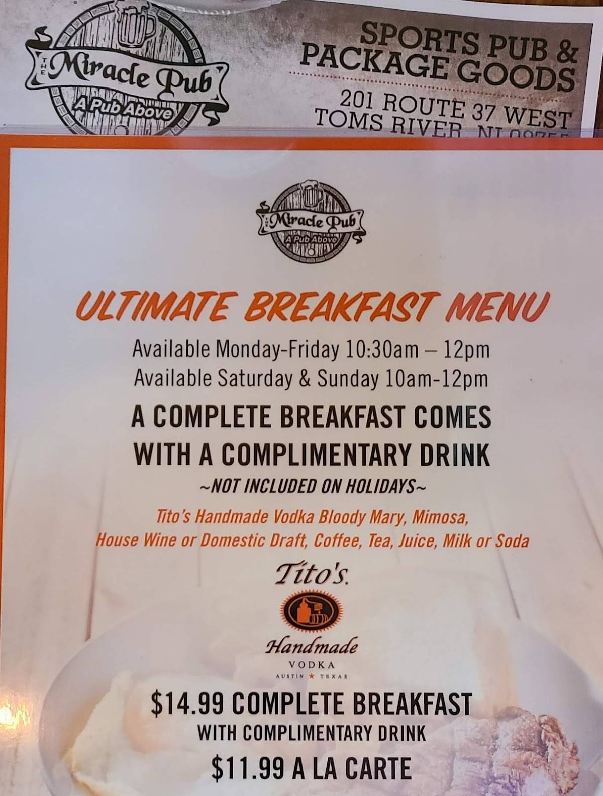 Menu at Miracle Pub, Toms River