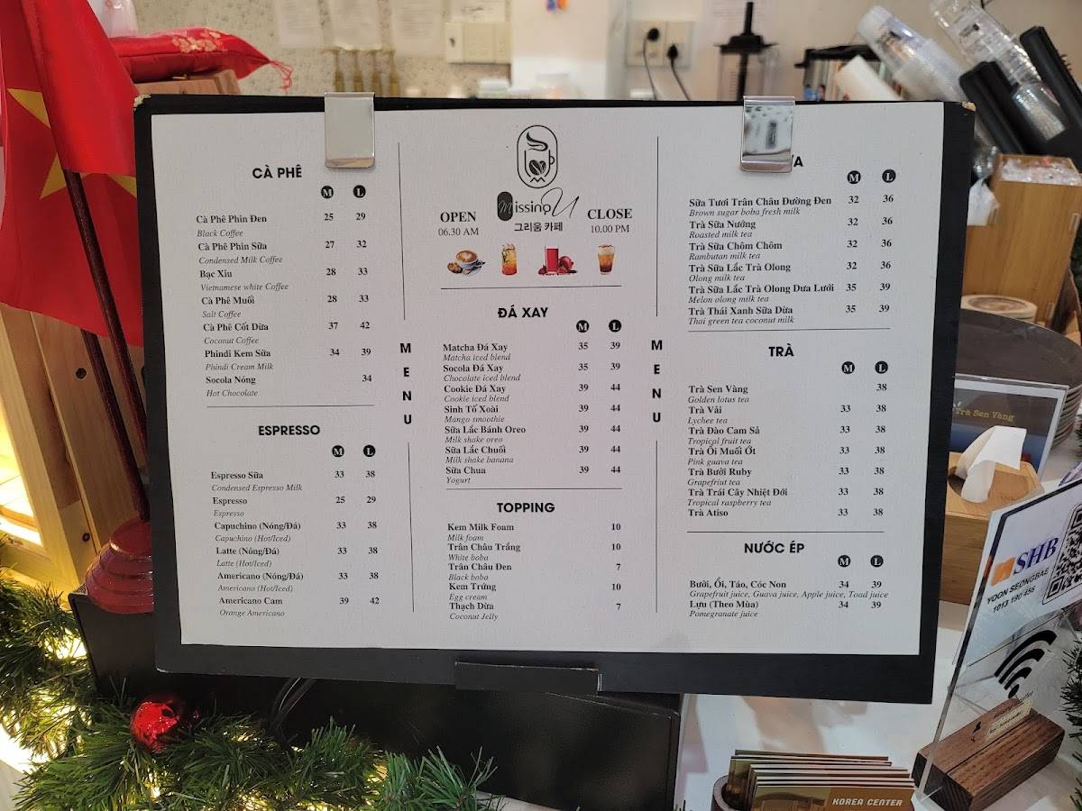 Menu at Missing U coffee, Qui Nhơn