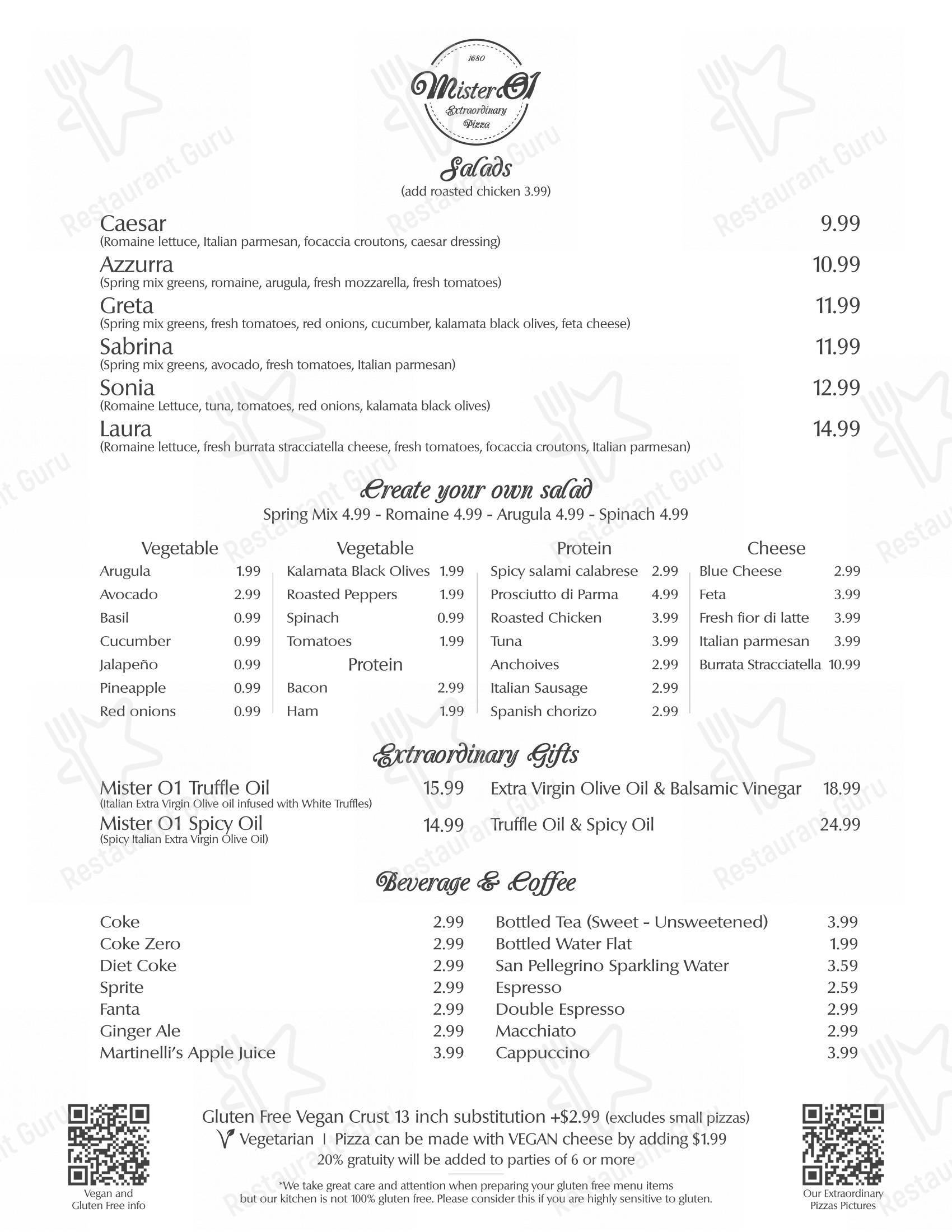 Menu at Mister O1 pizzeria, Miami Beach, Michigan Ave Ste 101