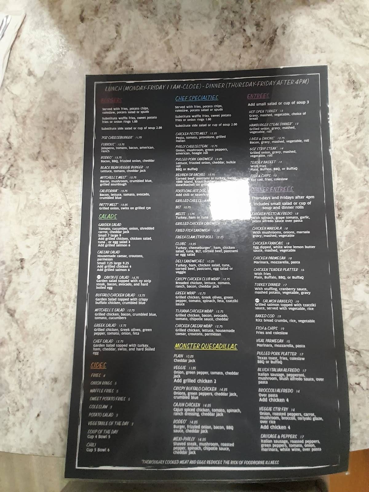 Menu at Mitchell's Restaurant, Vernon
