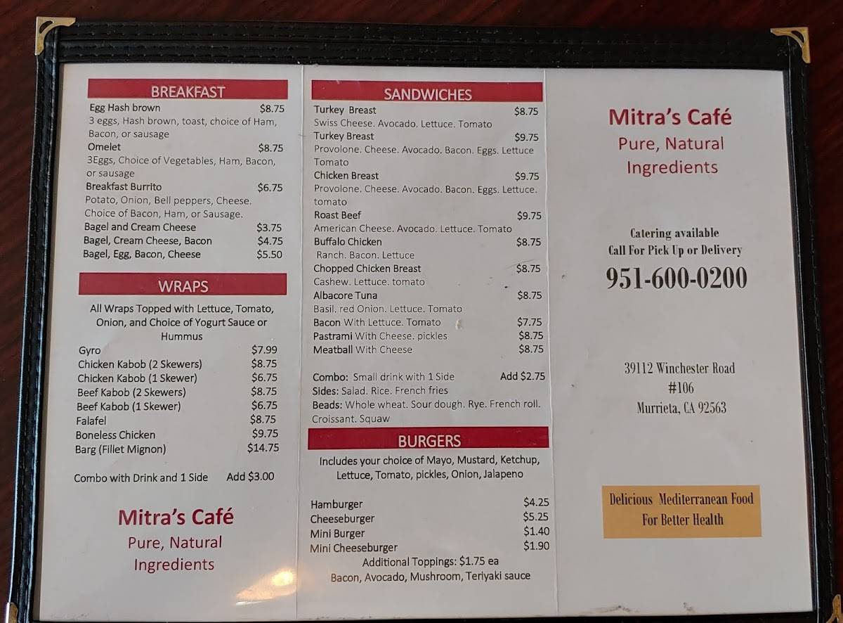 Menu at Mitra's Cafe Persian Kabob, Murrieta, Winchester Rd
