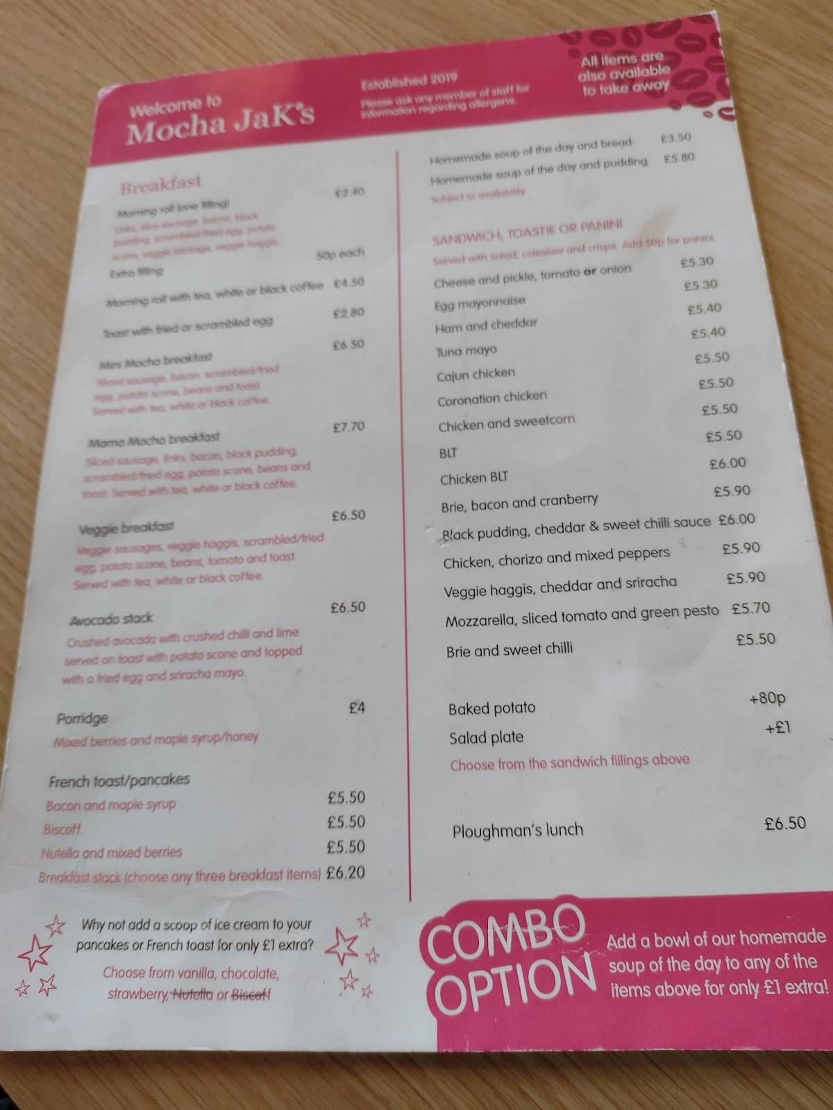 Menu at Mocha Jak's Coffee Shop cafe, Beith