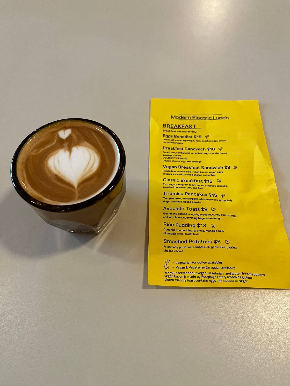 Menu au Modern Electric Lunch café, Winnipeg