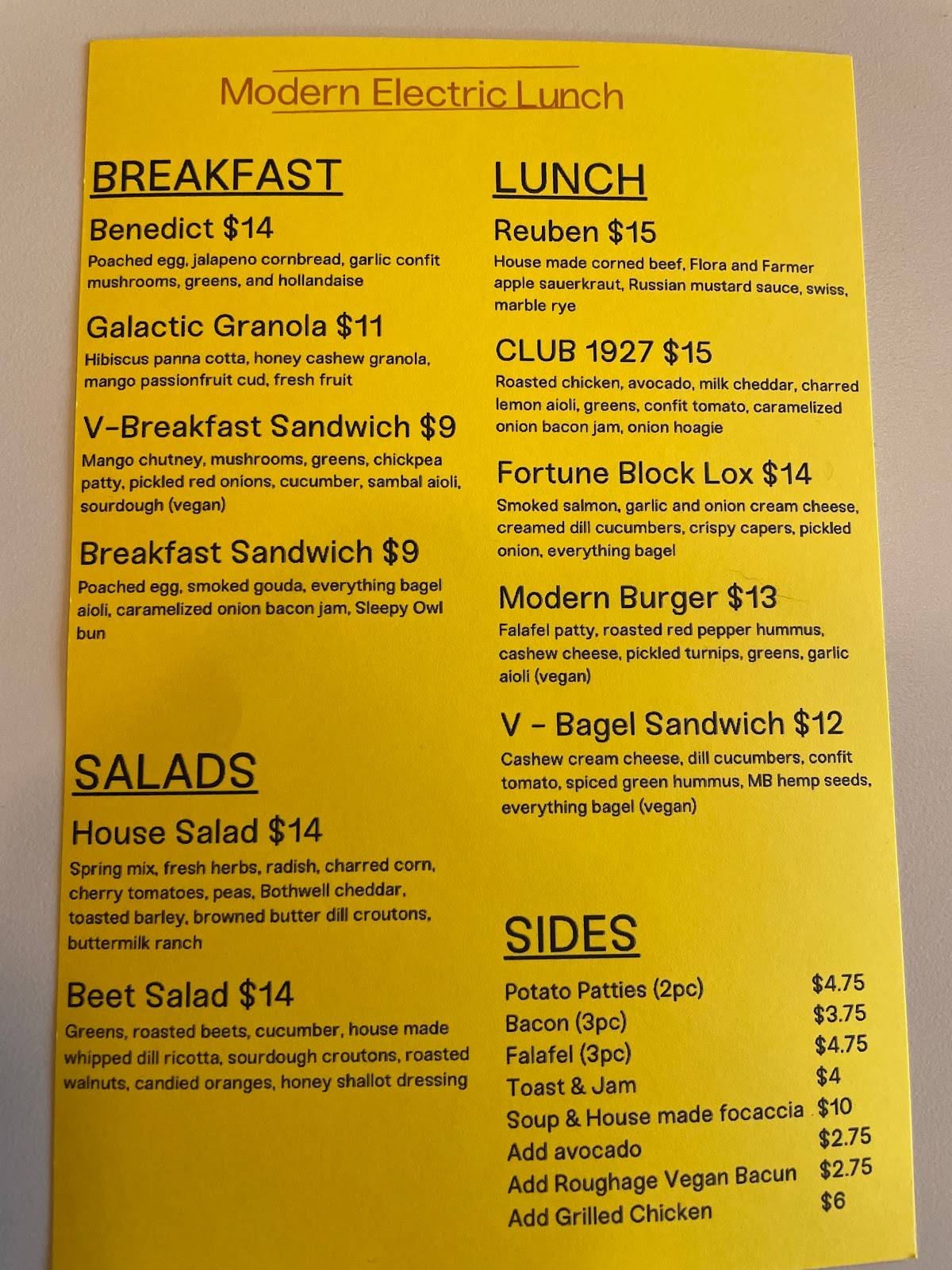 Menu au Modern Electric Lunch café, Winnipeg