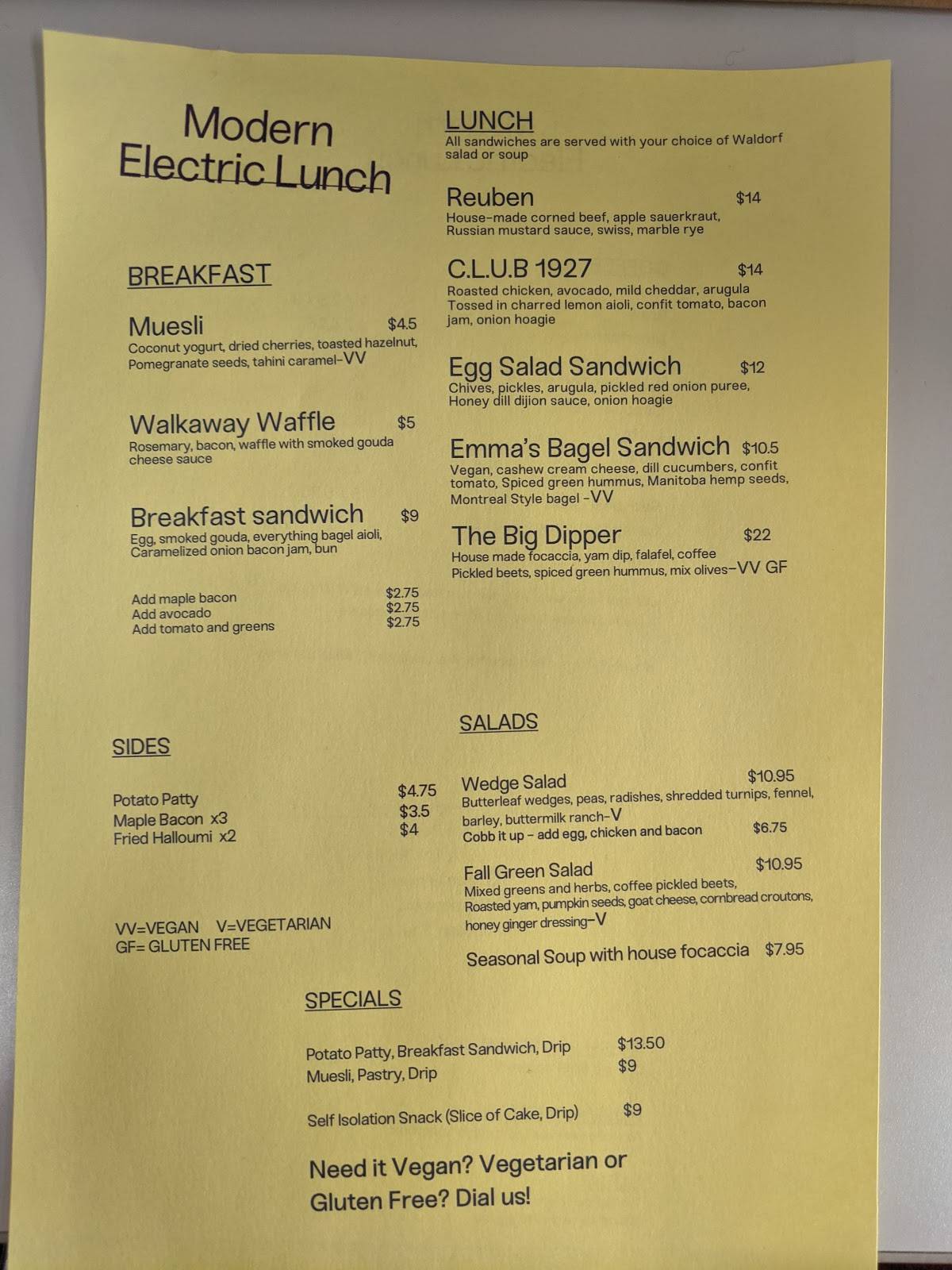 Menu au Modern Electric Lunch café, Winnipeg