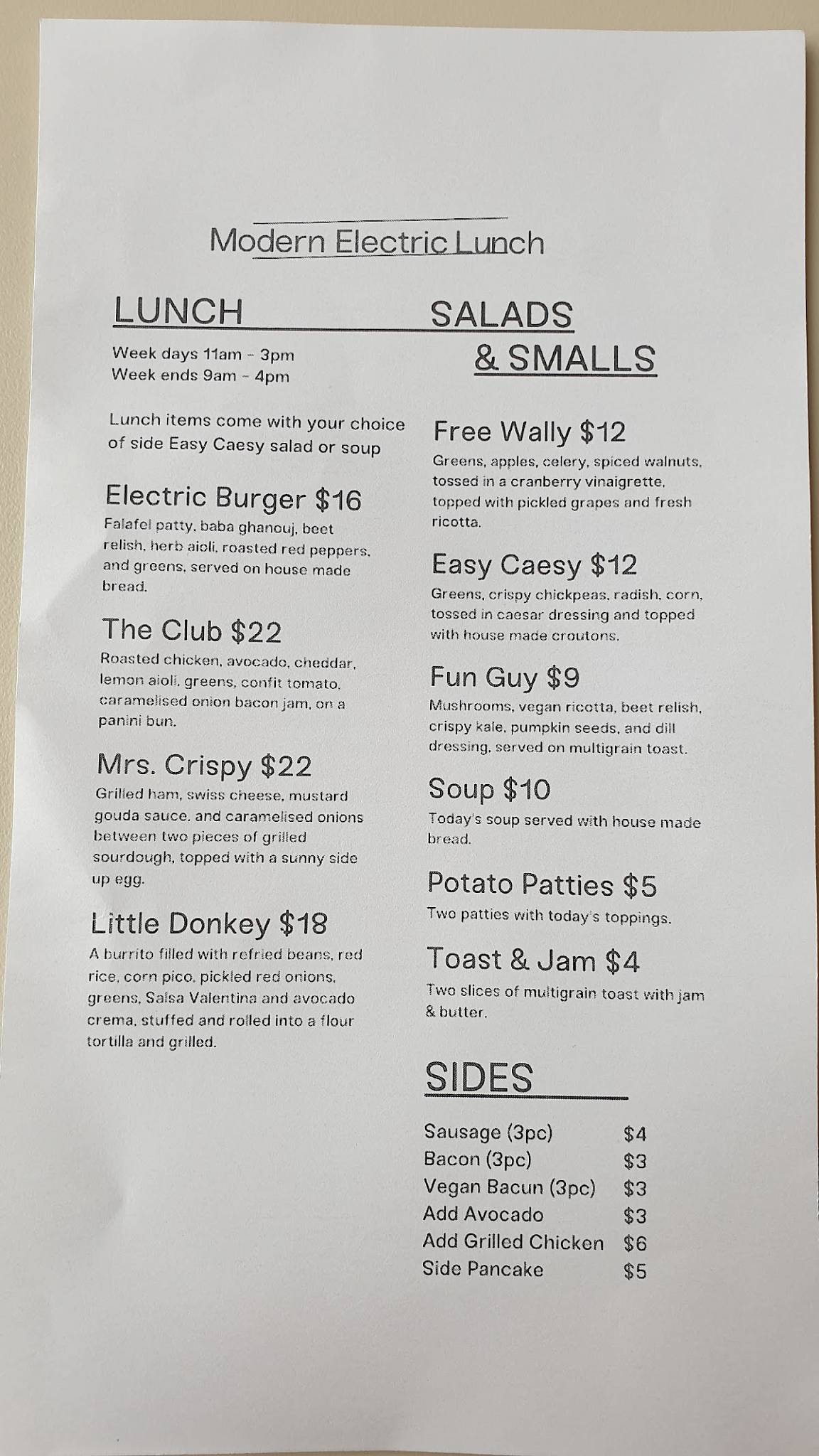 Menu au Modern Electric Lunch café, Winnipeg