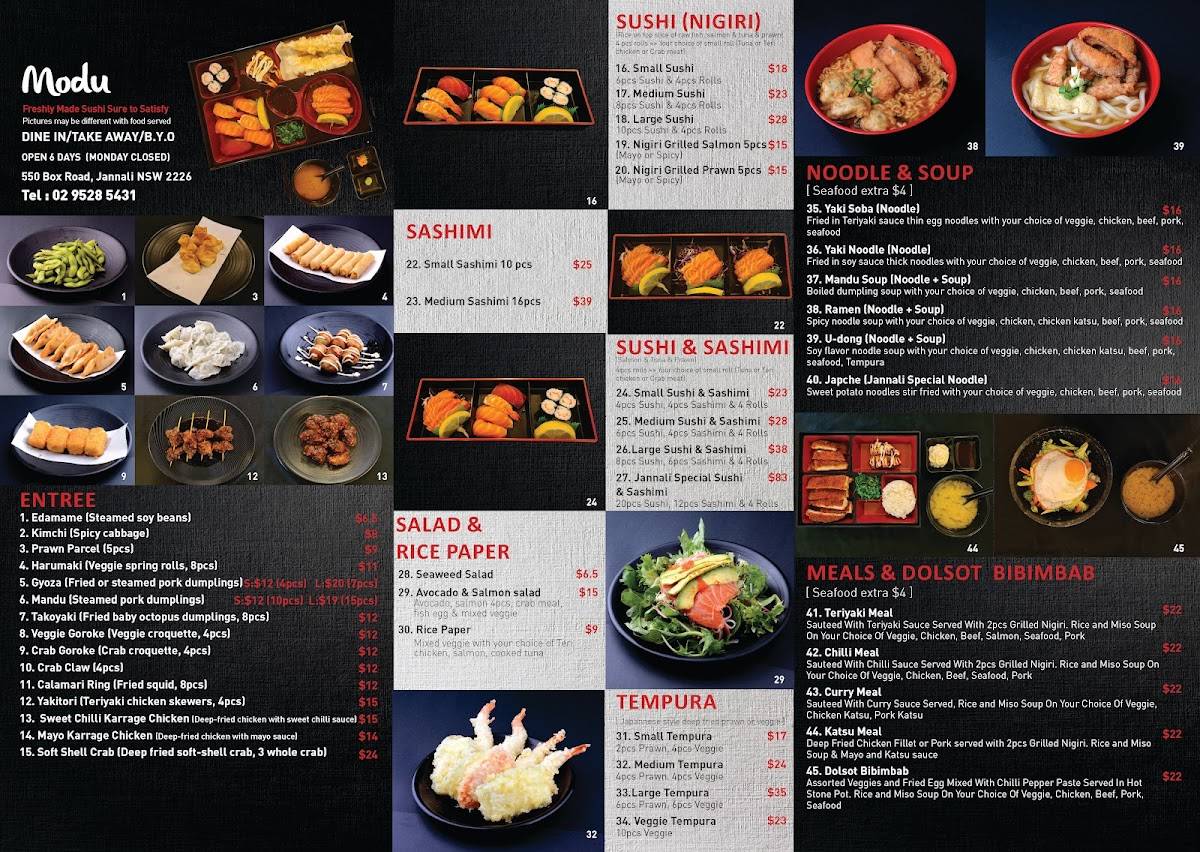 Menu at Modu Sushi restaurant, Jannali