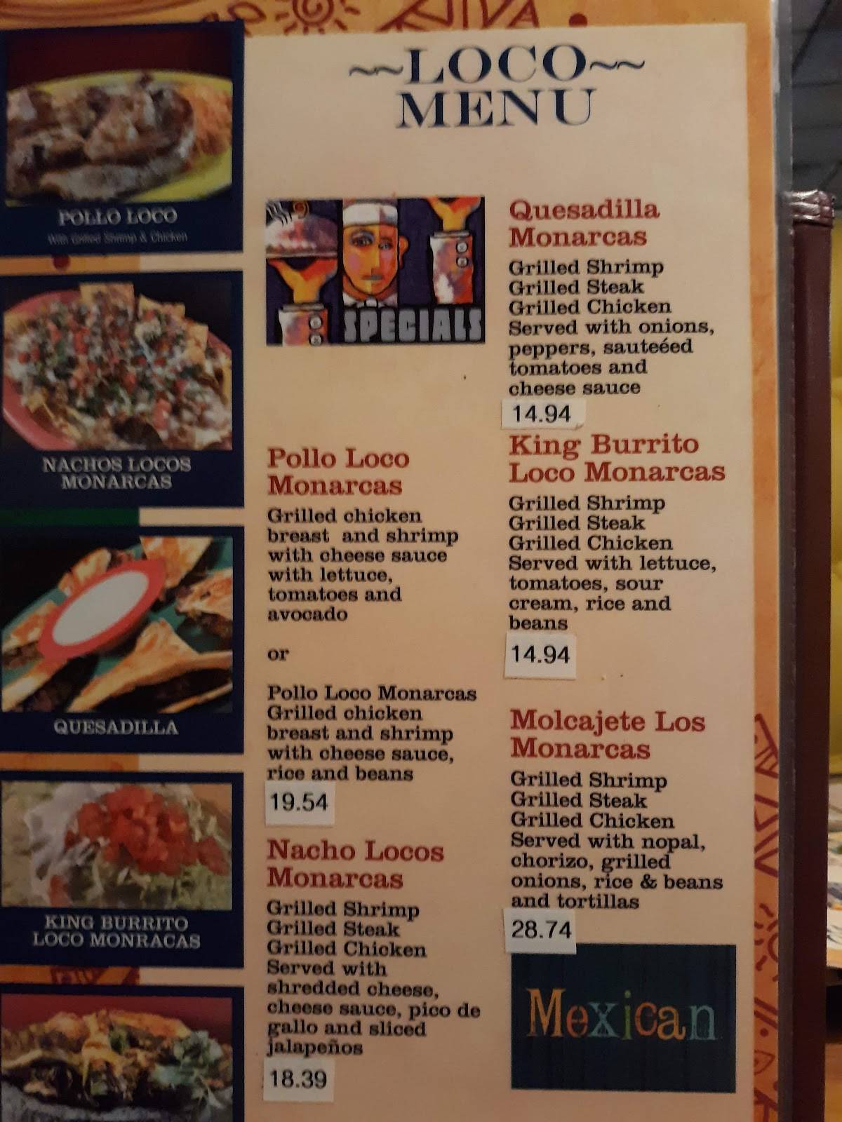 Menu at Monarcas Mexican Restaurant, Troy
