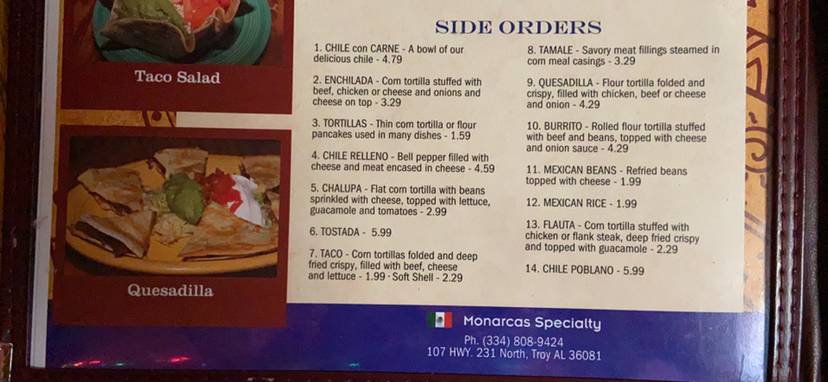 Menu at Monarcas Mexican Restaurant, Troy