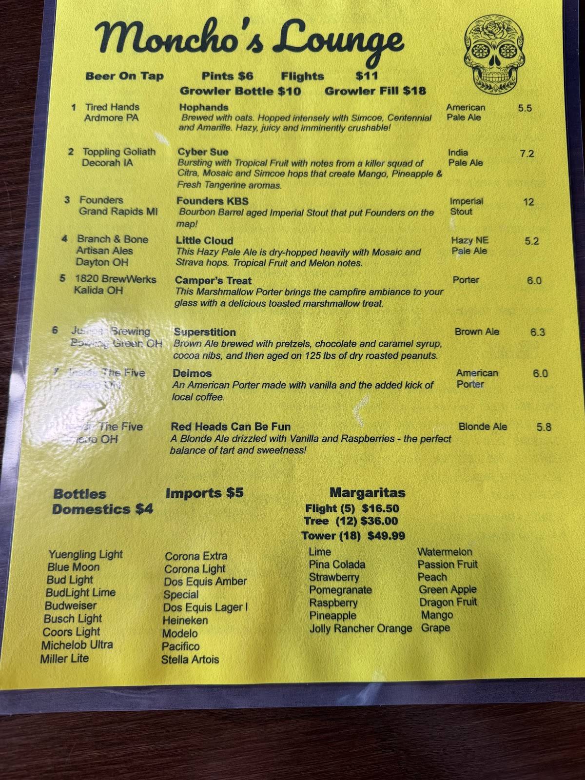 Menu at Moncho's Lounge restaurant, Defiance