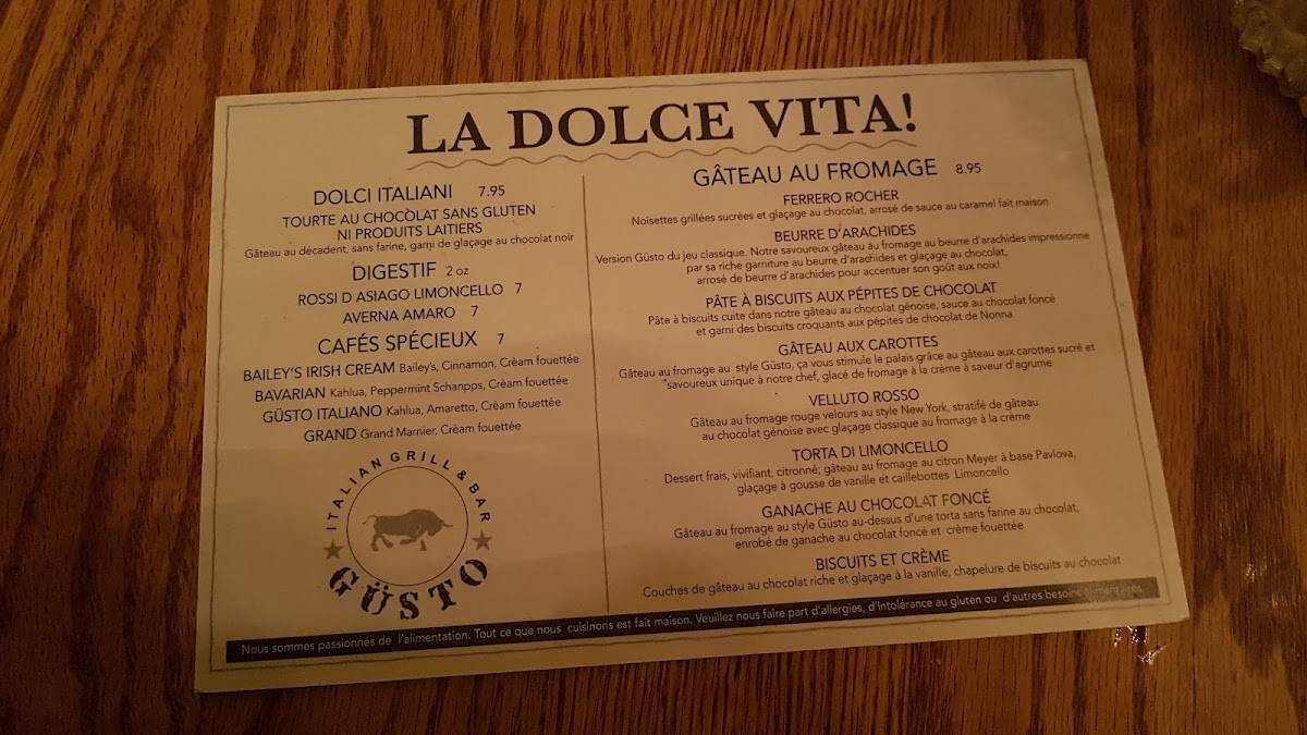Menu at Gusto Italian Grill & Bar, Moncton