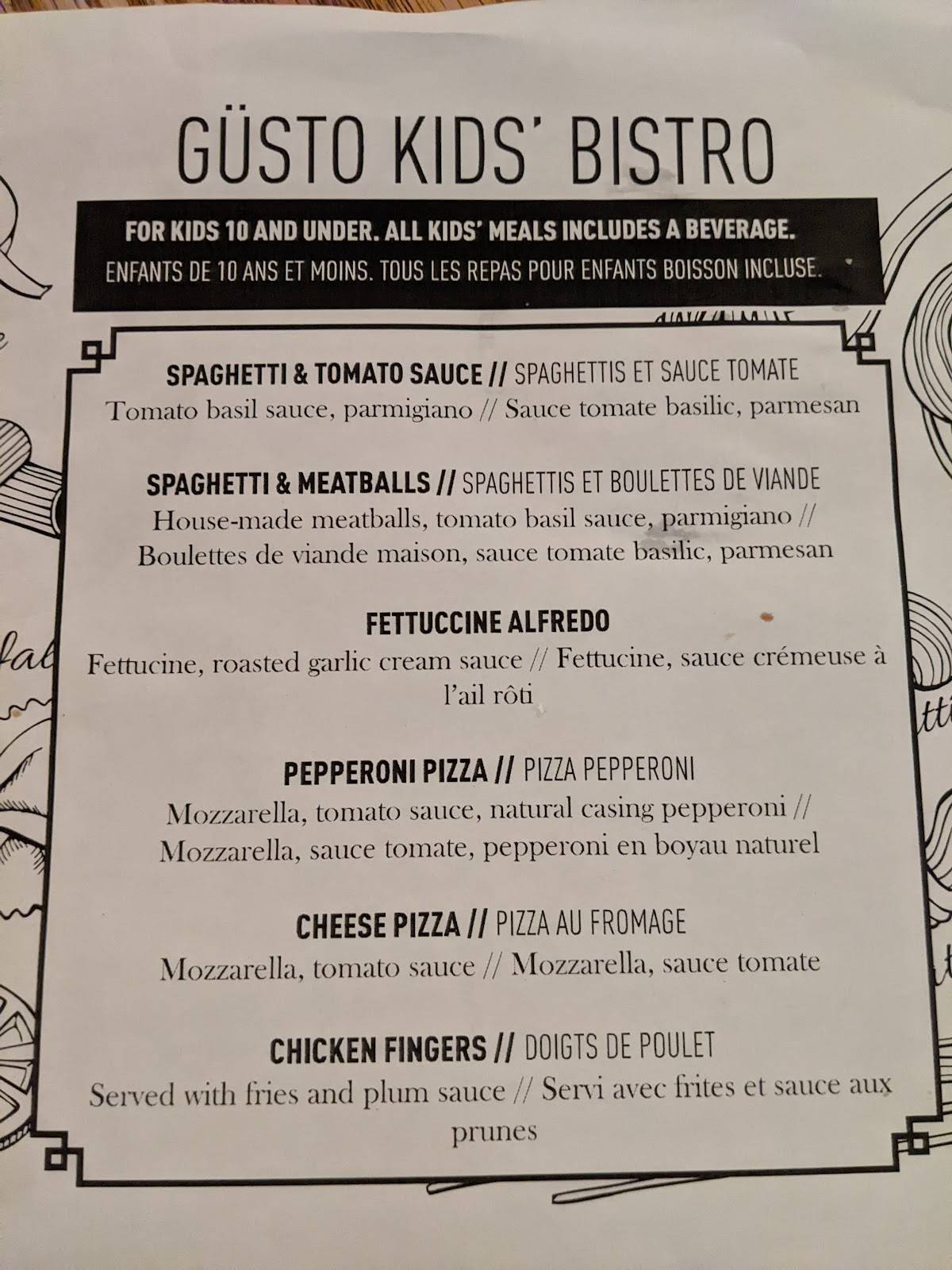 Menu at Gusto Italian Grill & Bar, Moncton