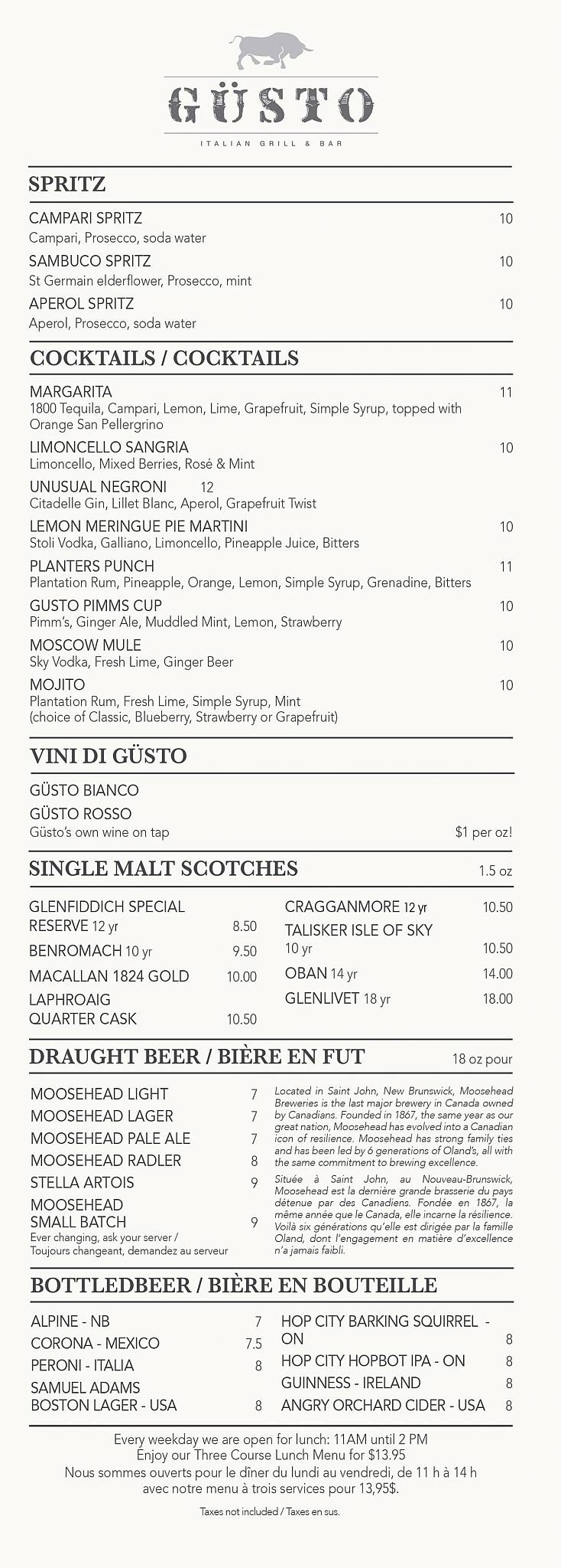 Menu at Gusto Italian Grill & Bar, Moncton