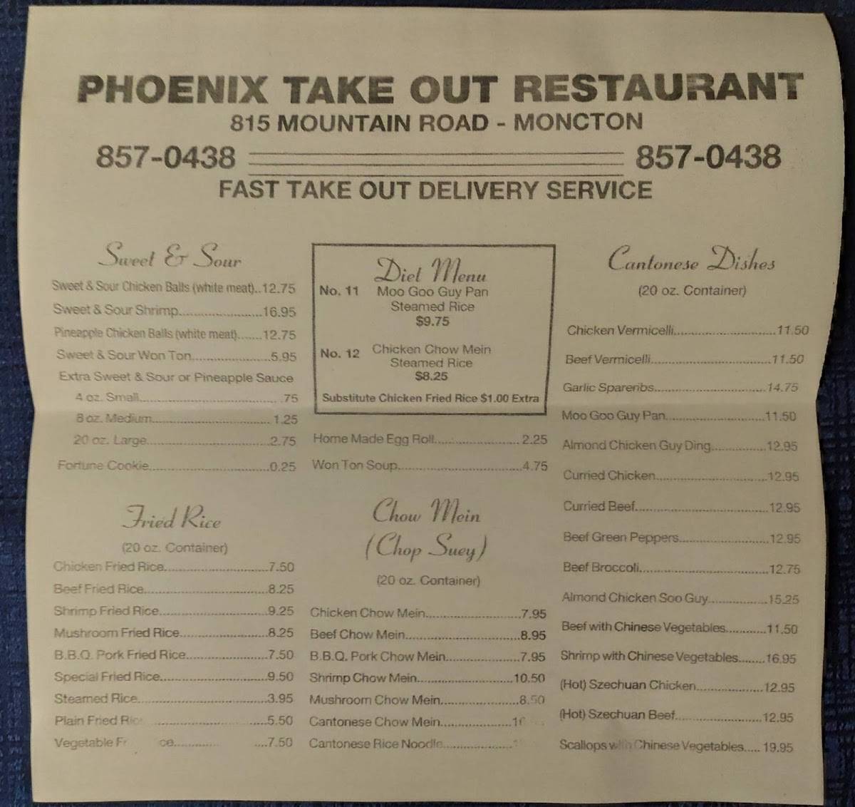 Menu at Phoenix Restaurant, Moncton