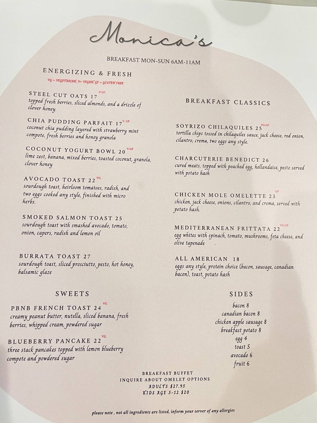 Menu at Monica's pub & bar, Santa Monica