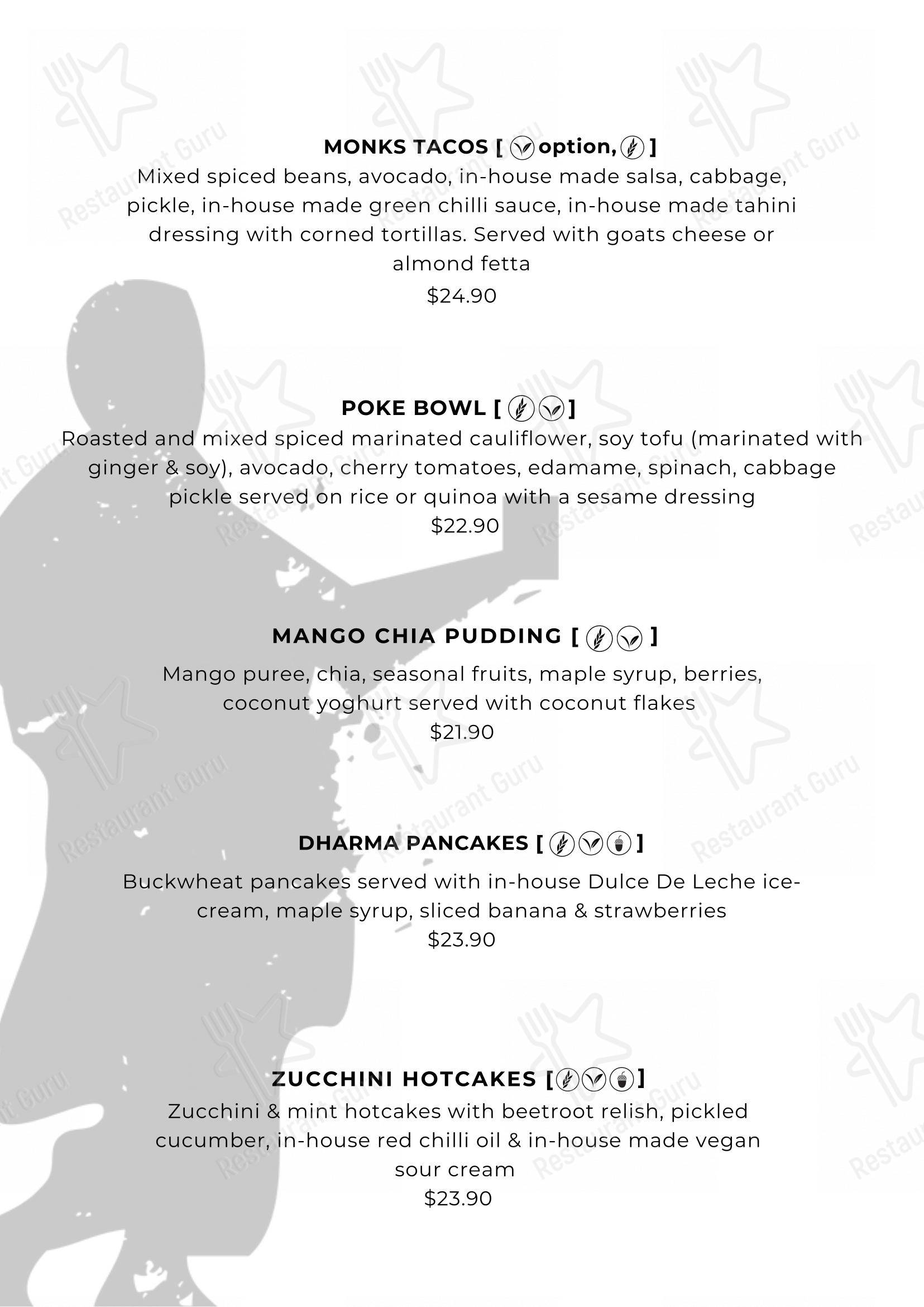 Menu at Monk Bodhi Dharma restaurant, Balaclava