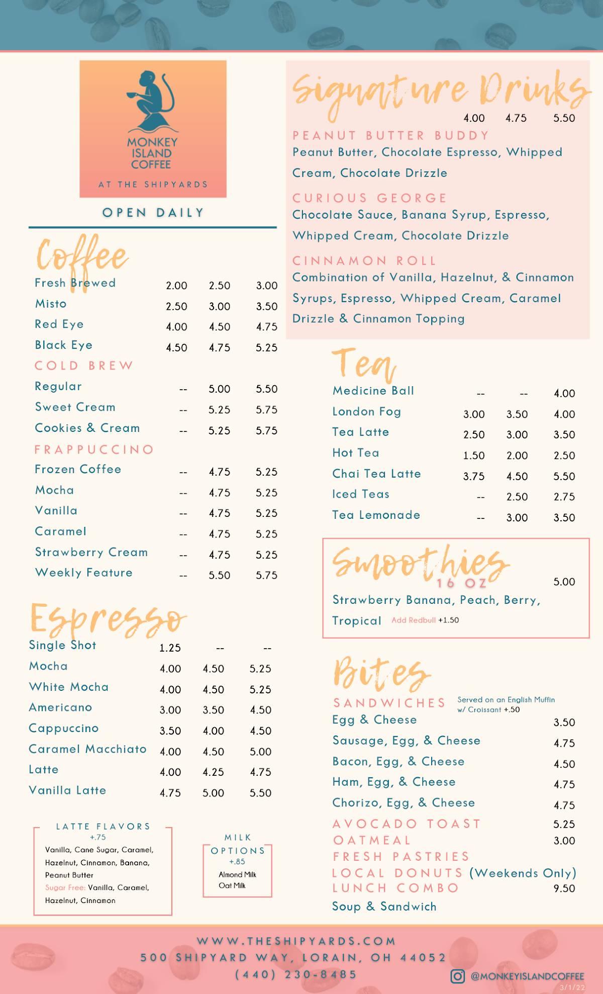 Menu at Monkey Island Coffee, Lorain