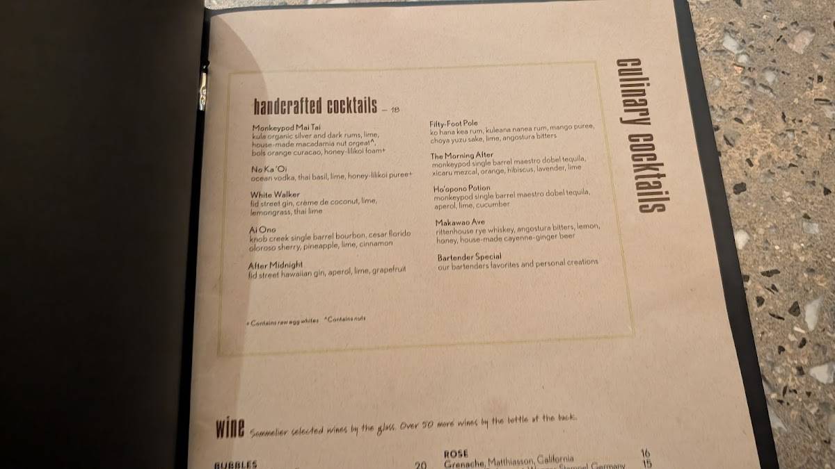 Menu at Monkeypod Kitchen - Waikiki pub & bar, Honolulu