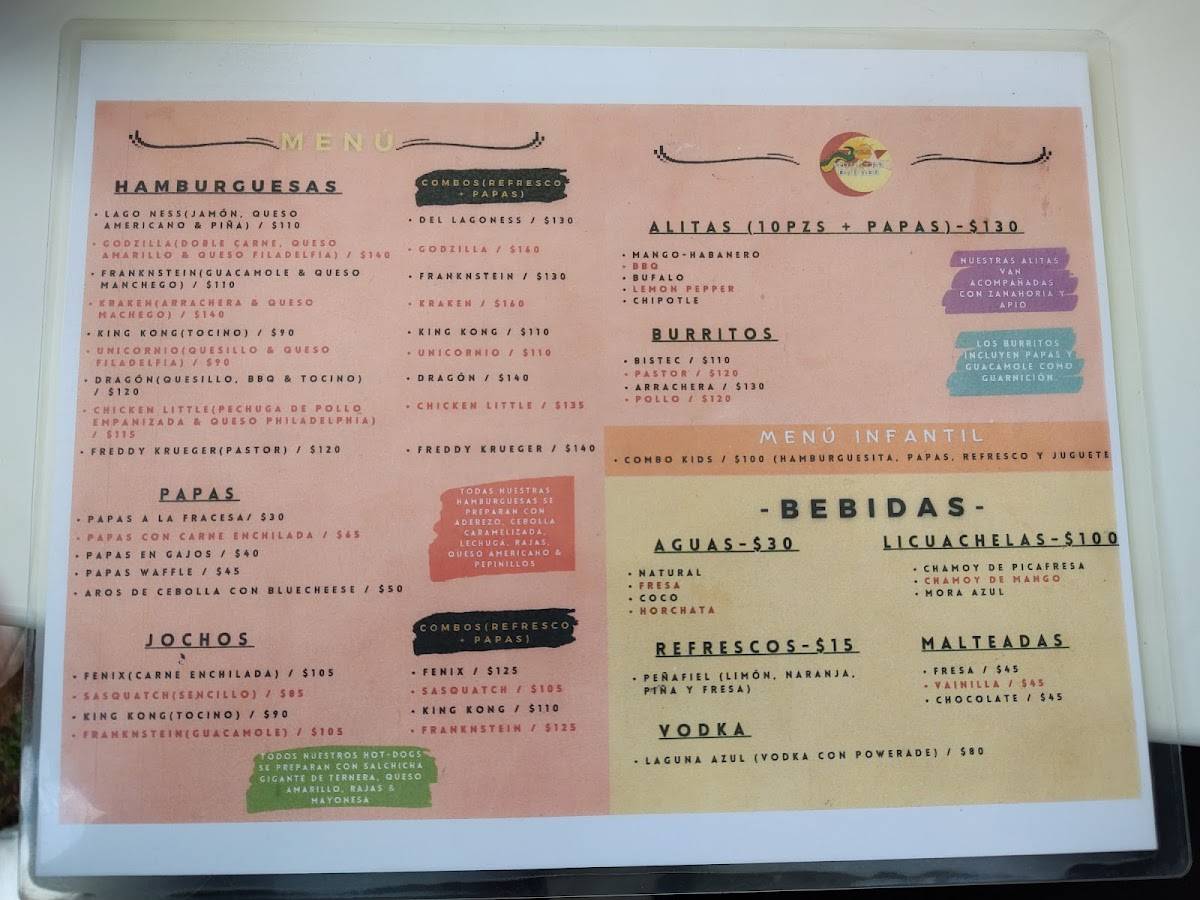 Menu at Monster Burger restaurant, Mexico City, Kinchil 429