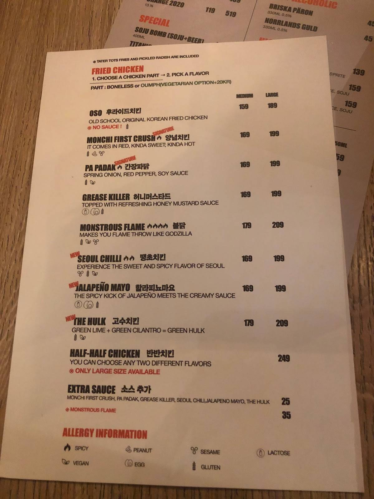 Menu at Monster Chicken restaurant, Stockholm, Ringvägen 106