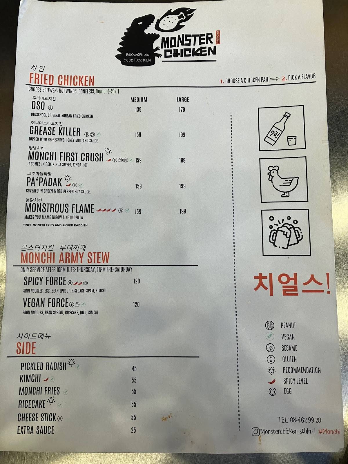 Carta del restaurante Monster Chicken, Estocolmo