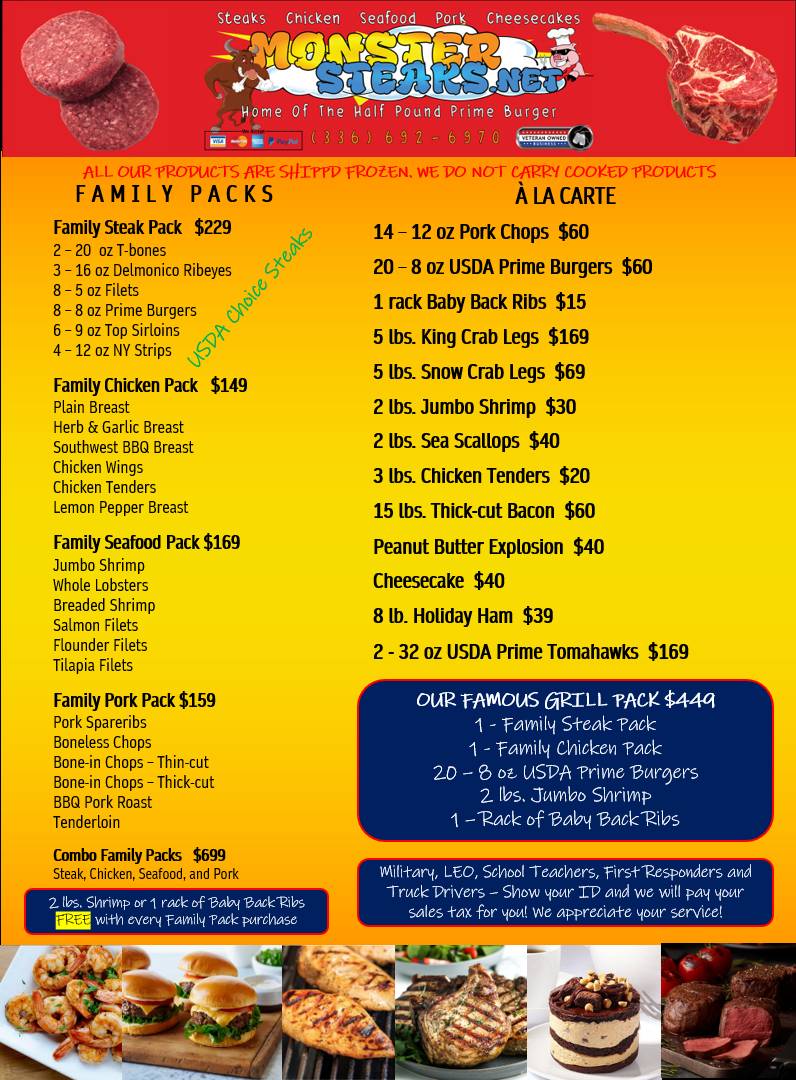 Menu at Monster Steaks LLC, Greensboro