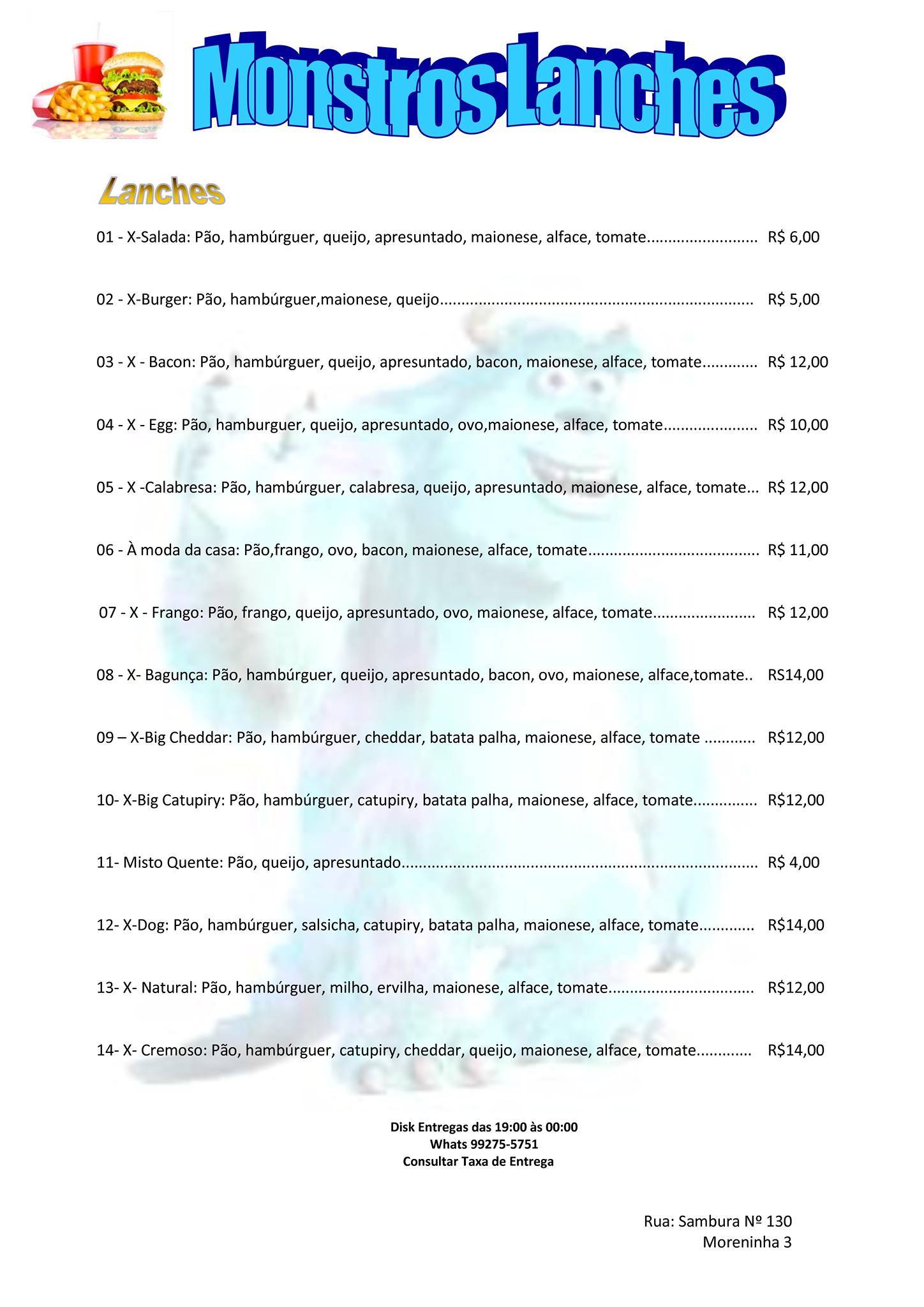 Carta del pub y bar Monstros Lanches, Campo Grande