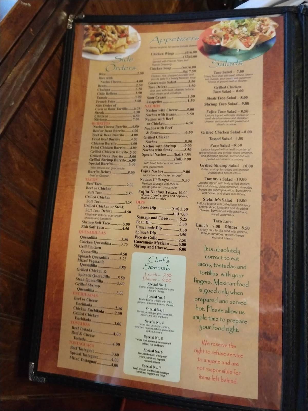 Menu at Monte De Rey restaurant, Wilkesboro