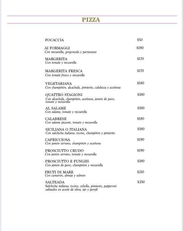 Carta del restaurante La Stanza, Monterrey