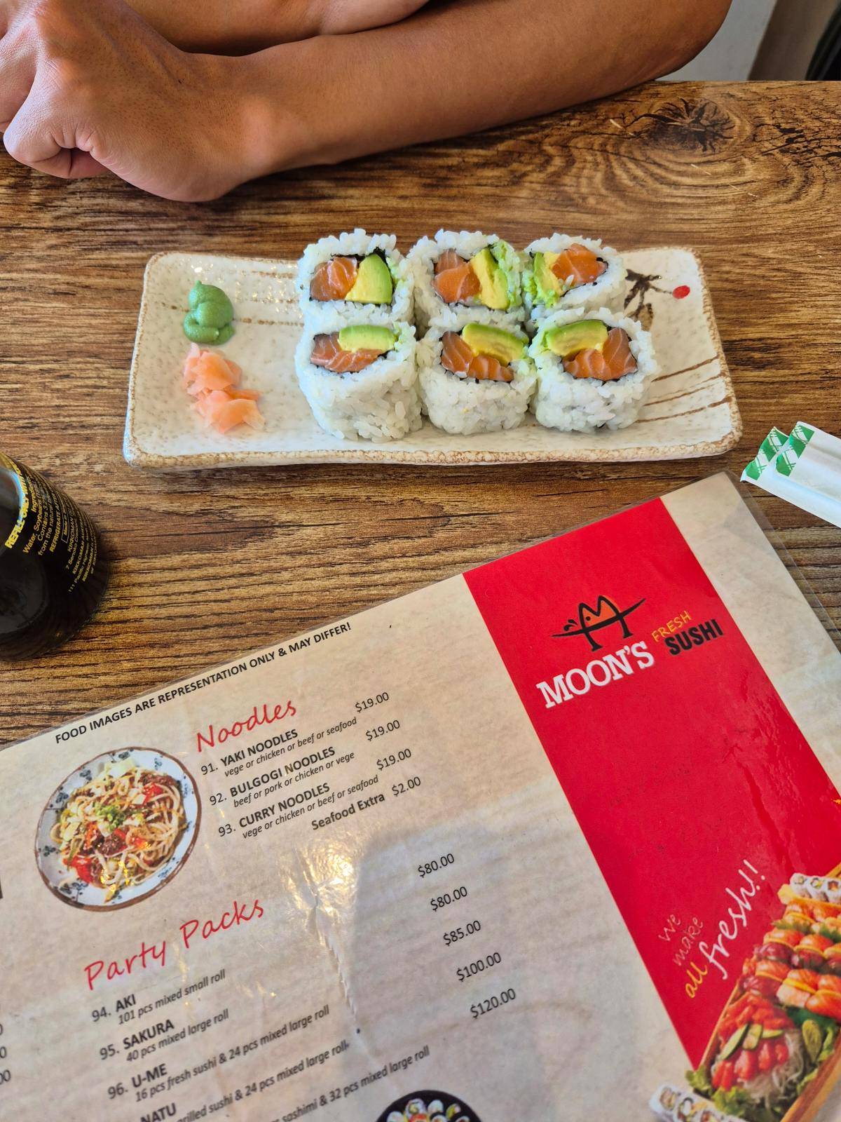Menu at Moon Sushi restaurant, Kiama