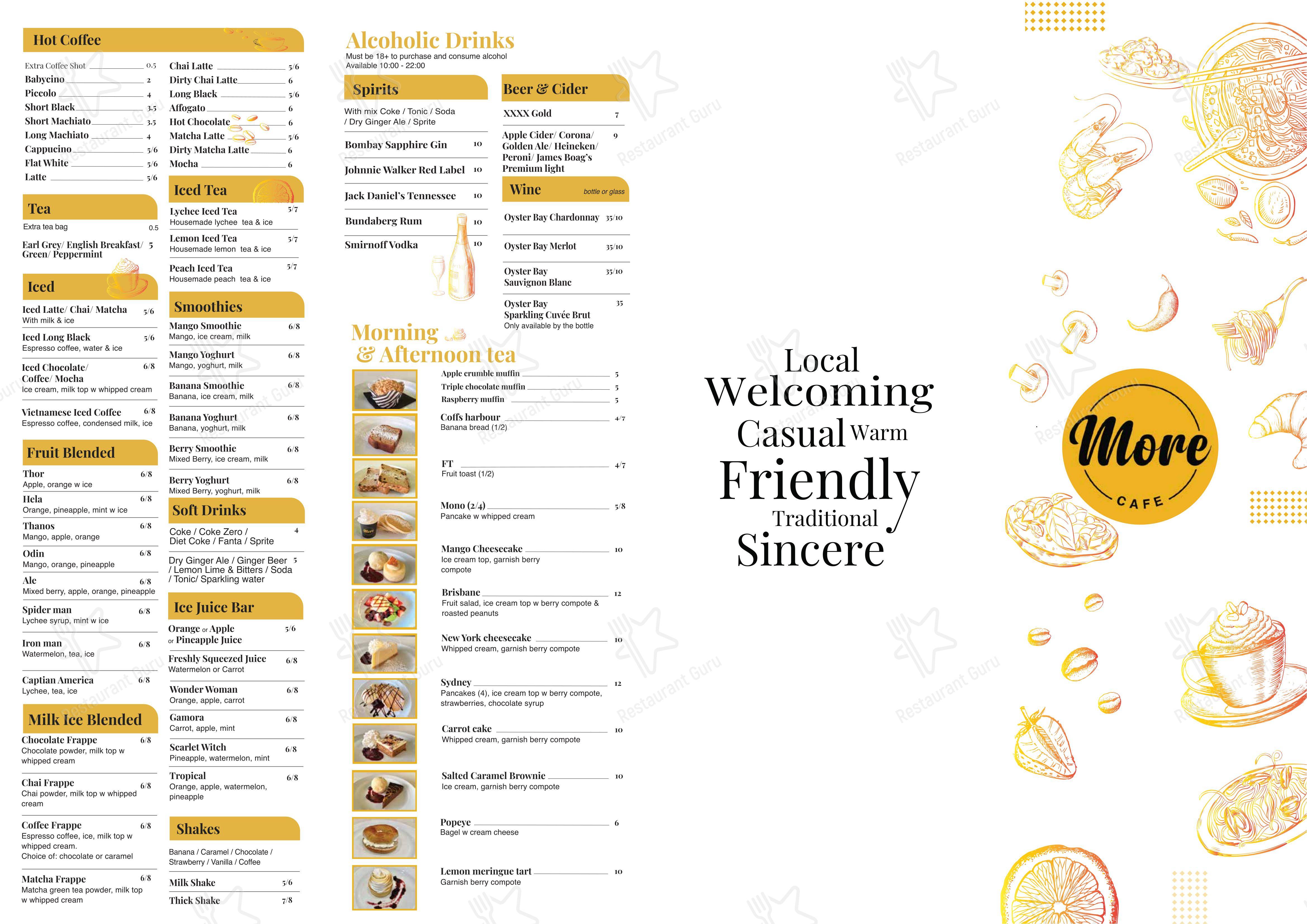 Menu at More Cafe, Springwood