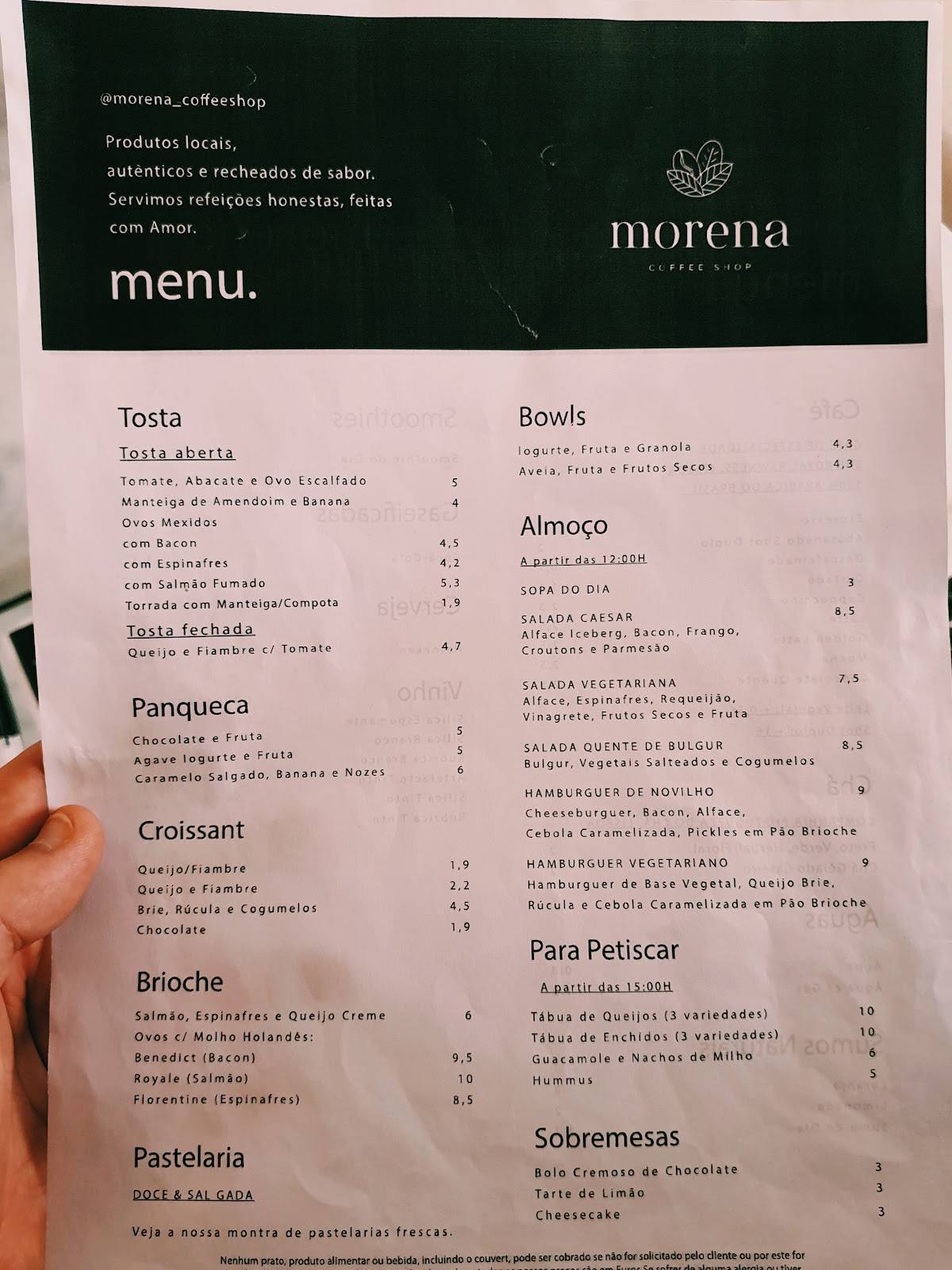 Menu em Morena Coffee Shop cafeteria, Grândola