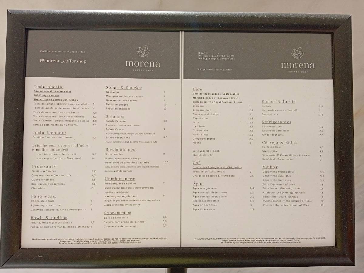 Menu em Morena Coffee Shop cafeteria, Grândola