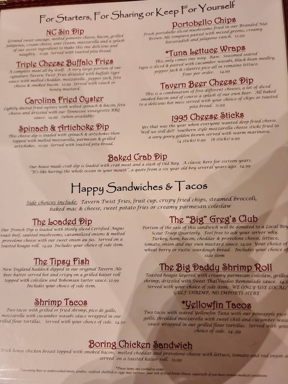 Menu at Morgan's Tavern & Grill pub & bar, New Bern