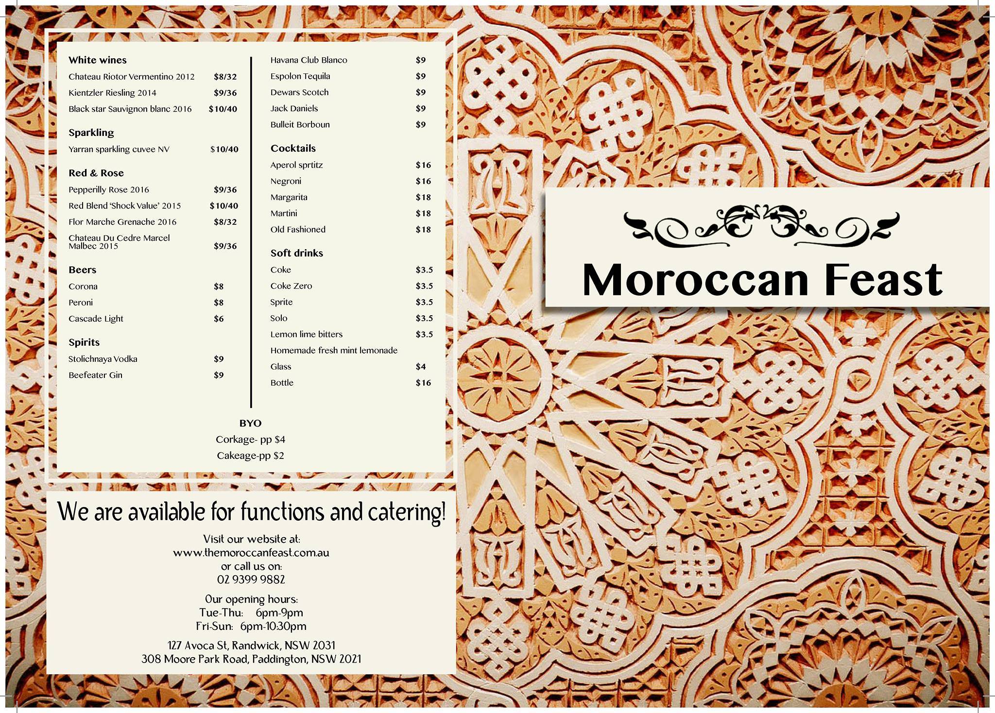 Menu at Moroccan Feast restaurant, Randwick