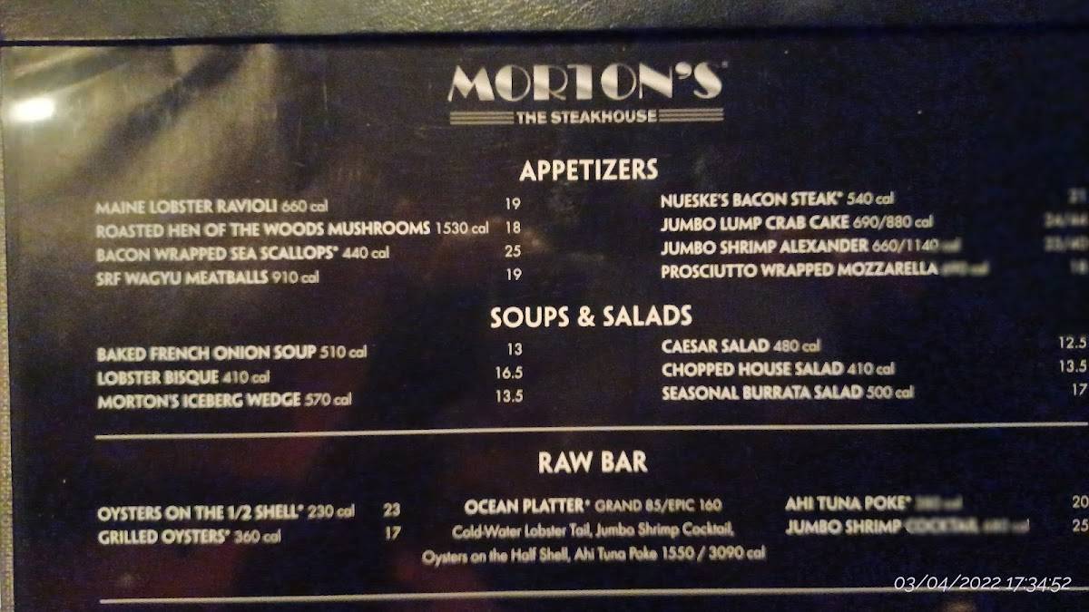 Menu at Morton's The Steakhouse, Portland