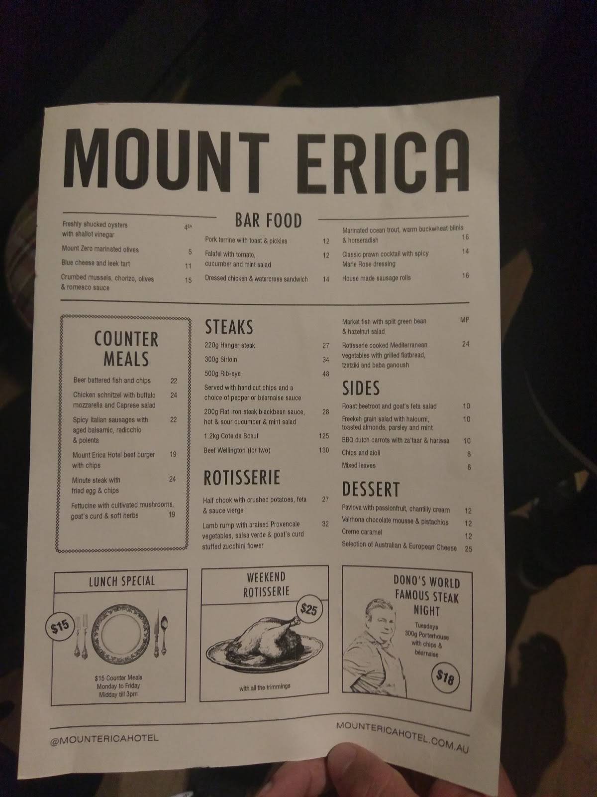 Menu at Mount Erica Hotel pub & bar, Prahran