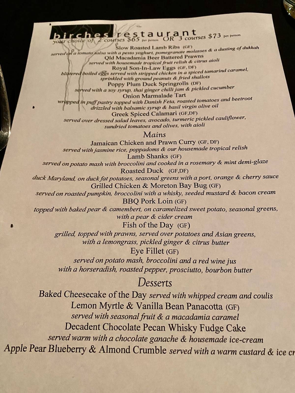 Menu at Birches Restaurant, Mount Mee