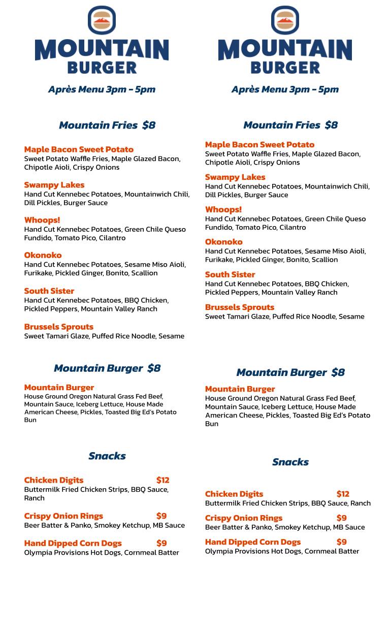 Menu at Mountain Burger restaurant, Bend