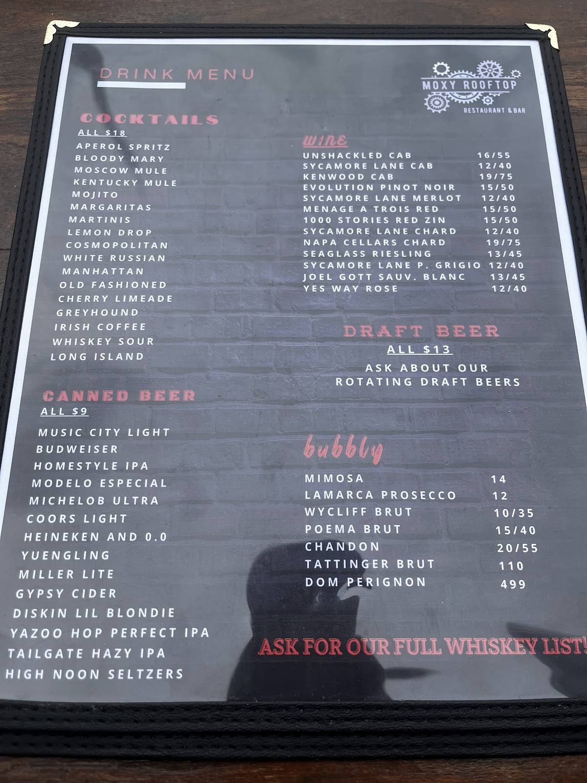 Menu at Moxy Rooftop pub & bar, Nashville