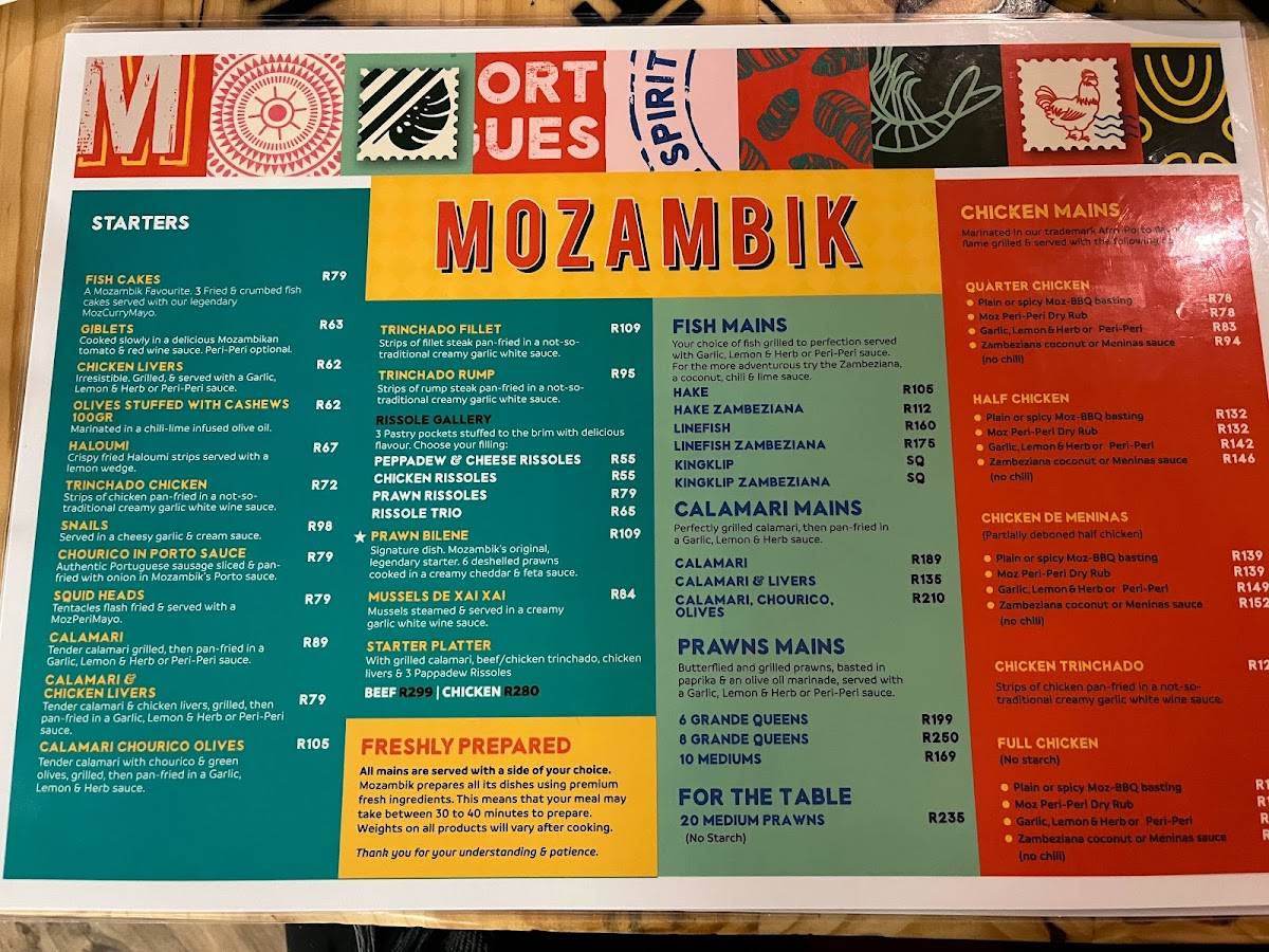 Menu at Mozambik Galleria restaurant, Amanzimtoti