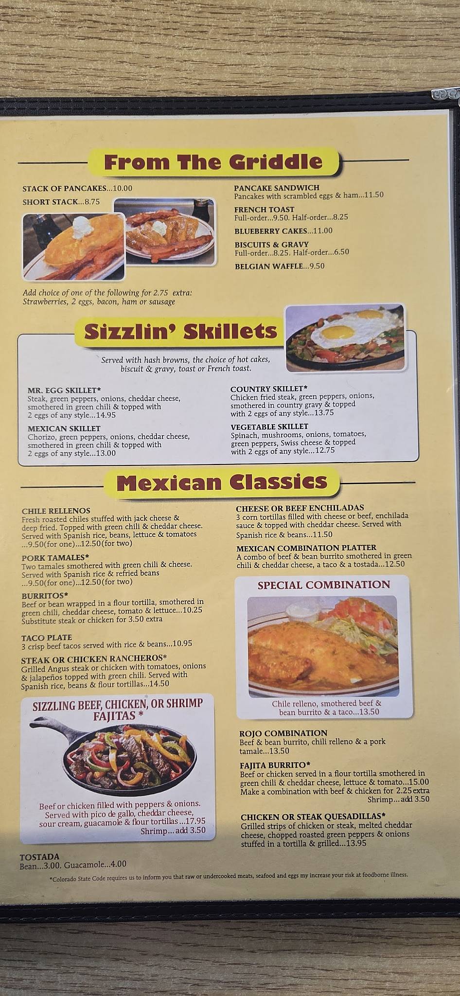Menu at Mr. Egg restaurant, Denver