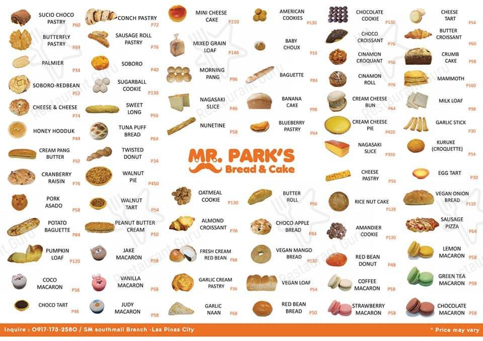 Menu at Mr. Park's Bread and Cake cafe, Makati