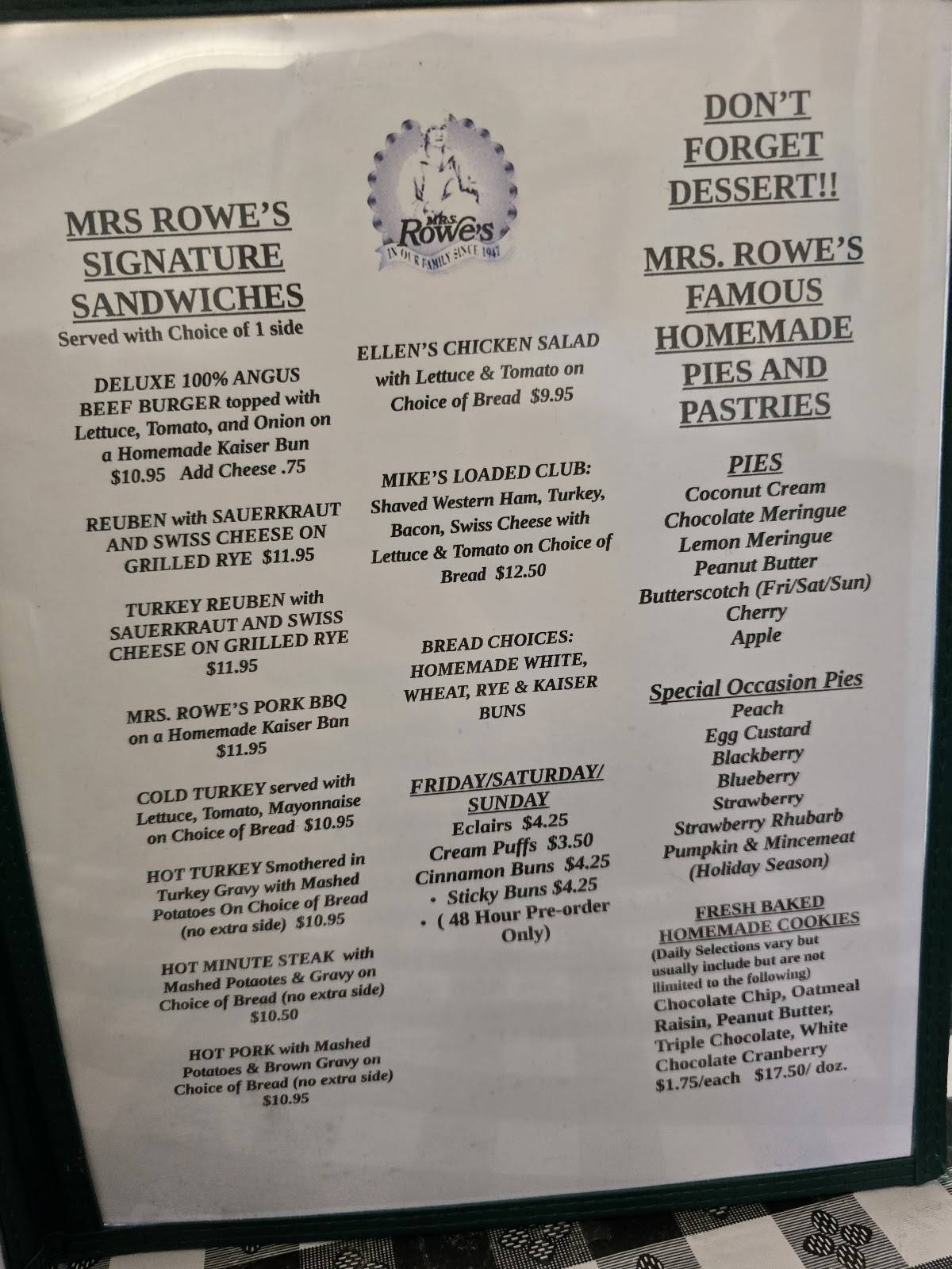 Menu at Mrs. Rowe's Family Restaurant & Catering, Staunton