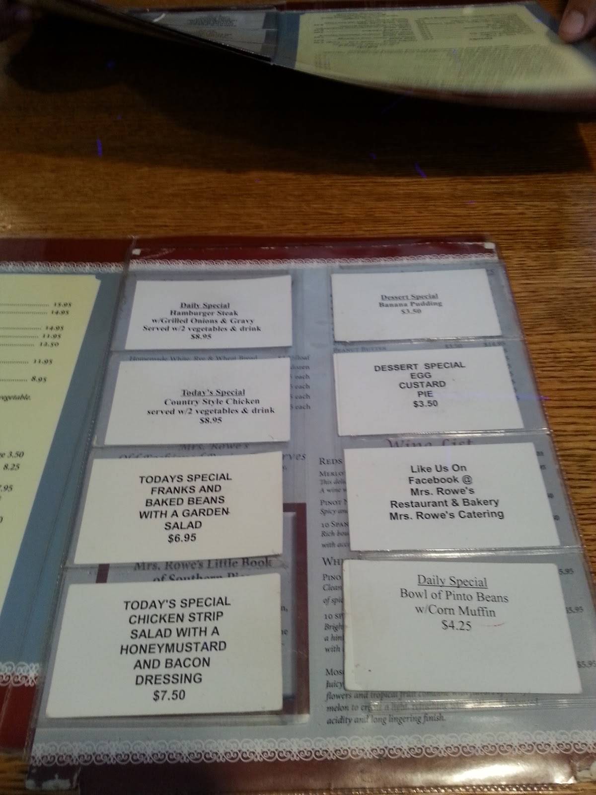 Menu at Mrs. Rowe's Family Restaurant & Catering, Staunton