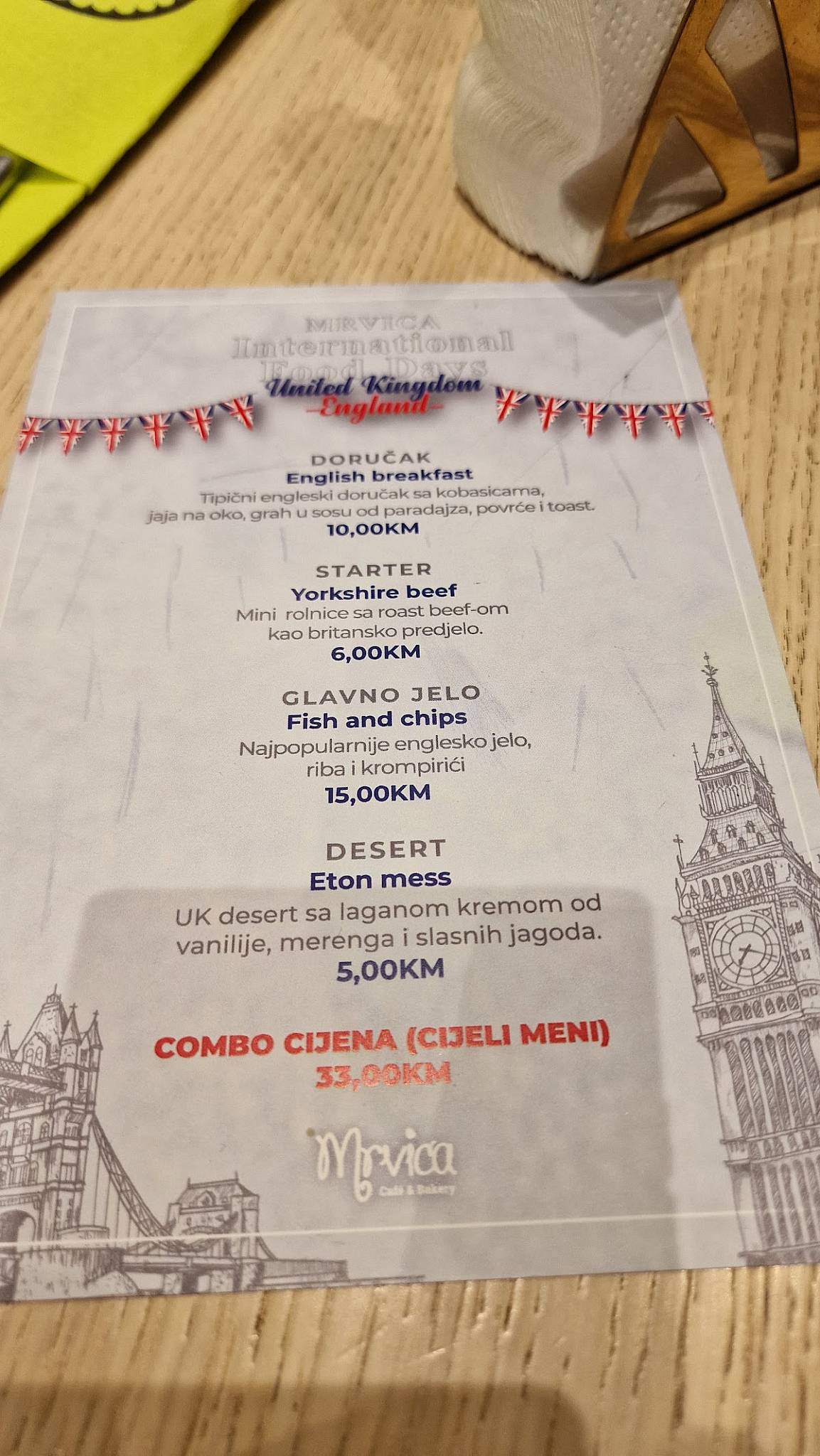Menu at Mrvica Old Town cafe, Sarajevo, Jelića