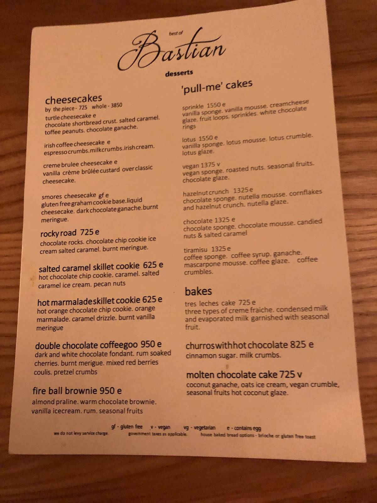 Menu at Bastian, Worli, Mumbai