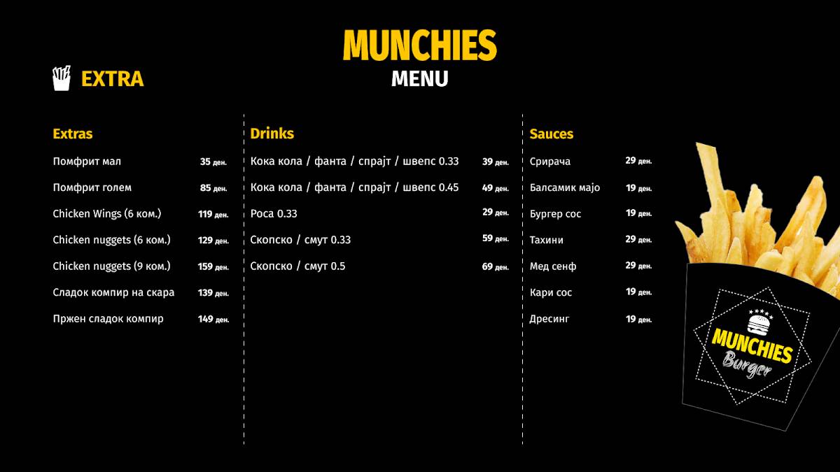 Menu at Munchies burger restaurant, Skopje
