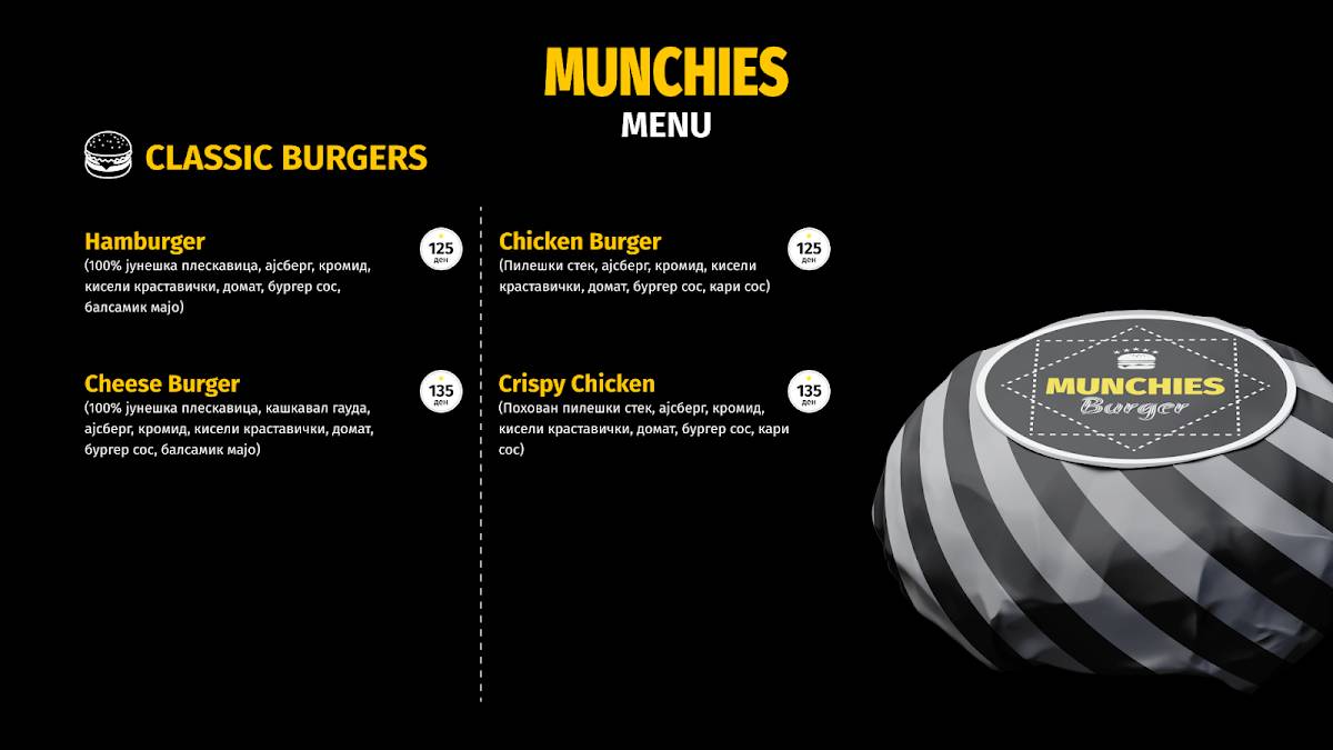 Menu at Munchies burger restaurant, Skopje
